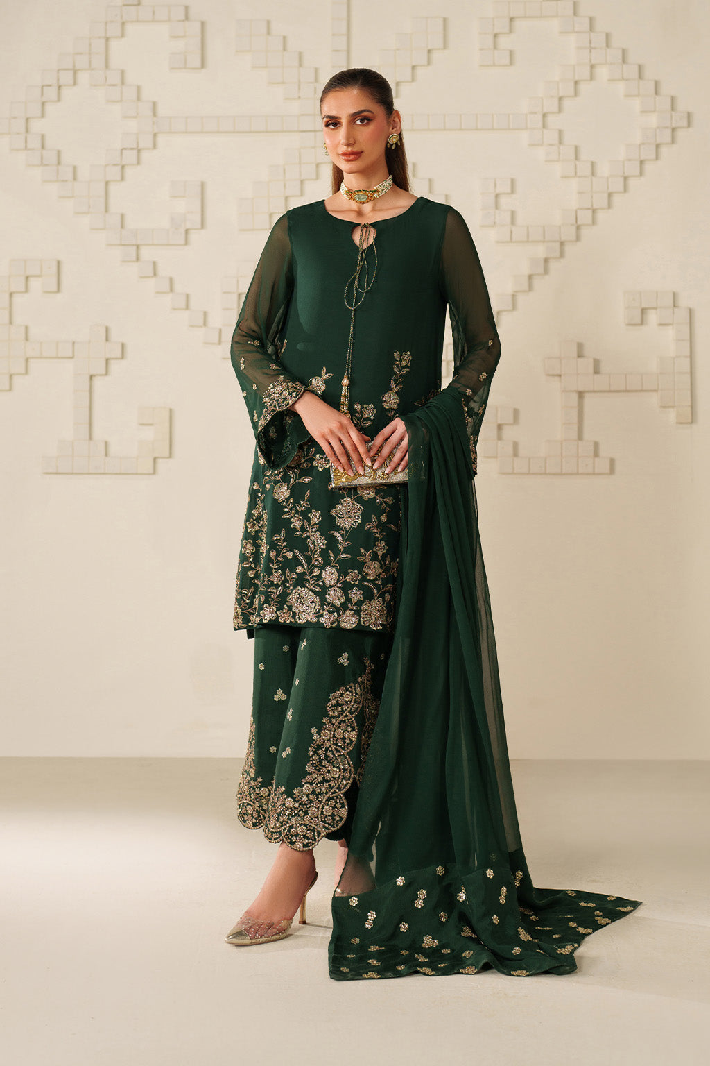 Bottle Green Embroidered Chiffon Suit | Iznik | Luxury Formals collection